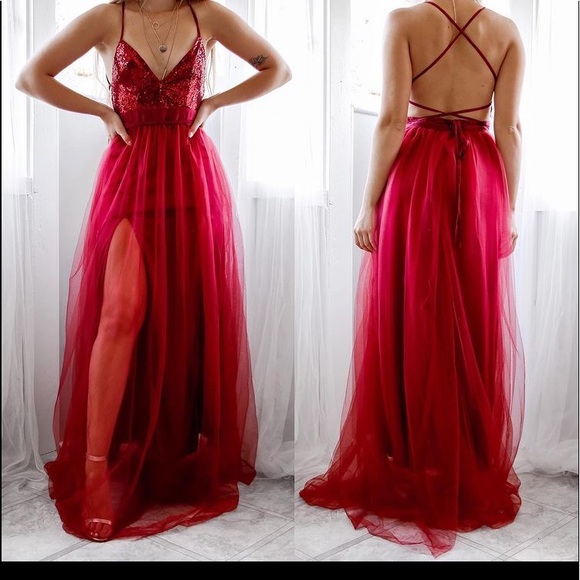 Dresses | Dark Red Sequin Top Tool Bottom Prom Dress With Slit | Poshmark